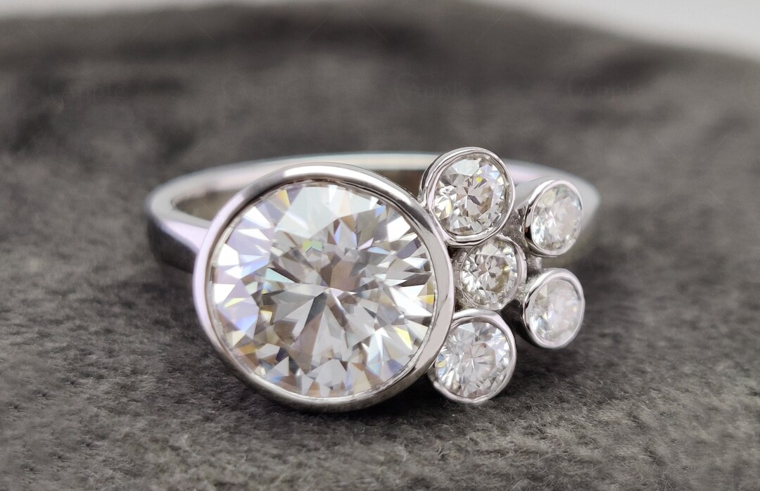 Scattered Moissanite Diamond Ring, Bezel Set Multi Stone Engagement ...