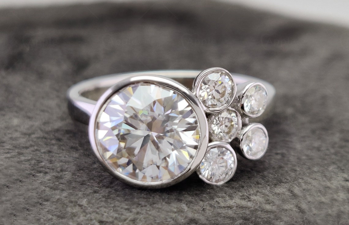 Scattered Moissanite Ring, Bezel Set Multi Stone Engagement Ring ...