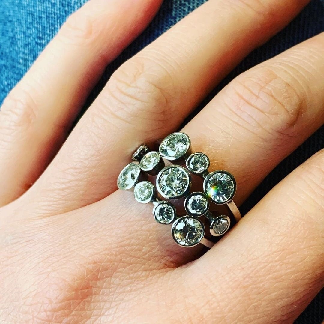 3 Row Moissanite Scattered Ring, Raindrop Bubble Ring, Bezel Set Diamond Ring, Statement Rings ...