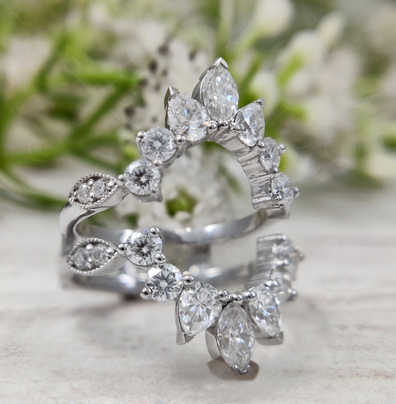 Unique Moissanite Ring Enhancer, Double Contour Wedding Bands, Art Deco ...