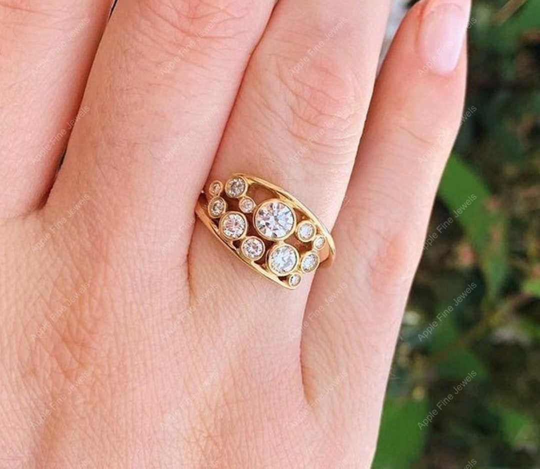 Moissanite Cocktail Ring, Bezel Set Multi Stone Ring, Vintage Inspired ...