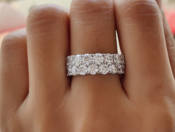 Two Row Moissanite Full Eternity Band Round Moissanite Wedding Bands Women Wide Anniversary Ring 925 Silver Double Row Promise Band