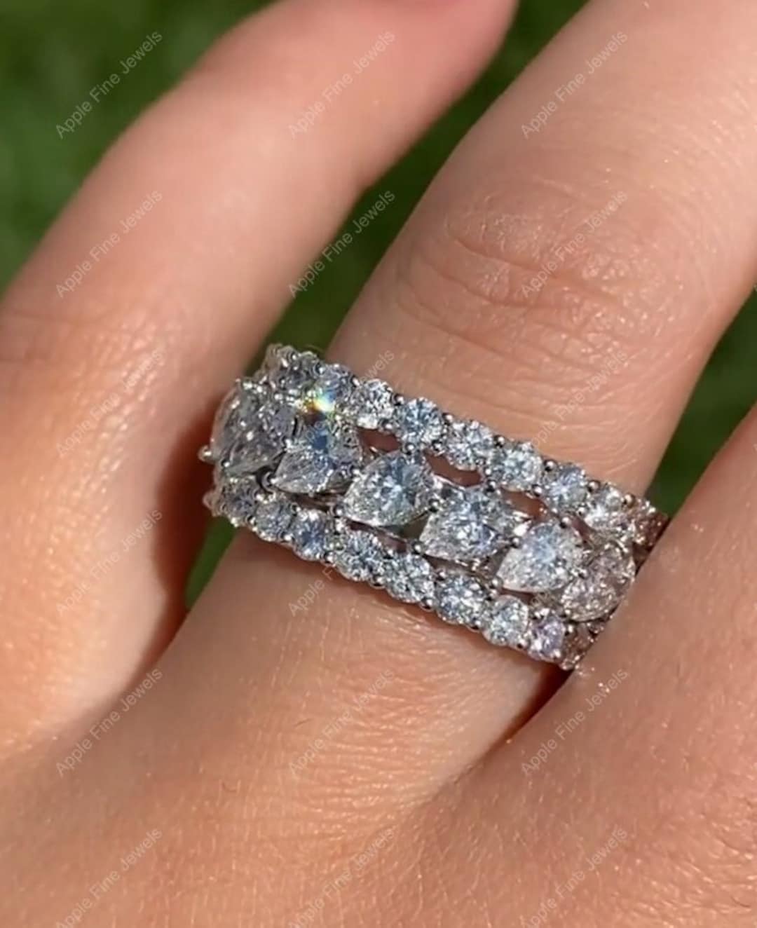 Pear and Round Full Eternity Band, Three Row Moissanite Wedding Band ...