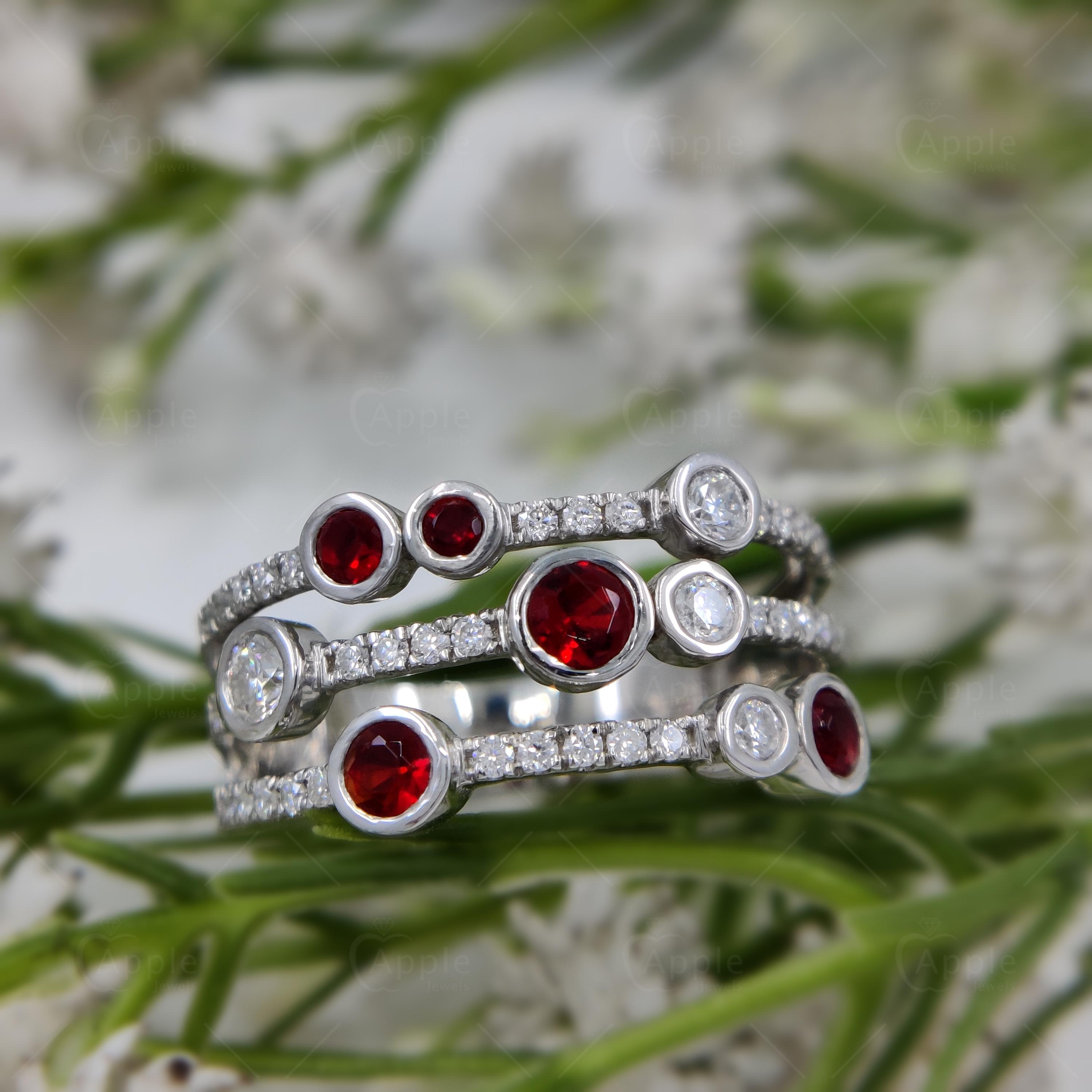 Natural Ruby and Moissanite Scattered Ring, Three Row Bubble Ring, Ruby ...