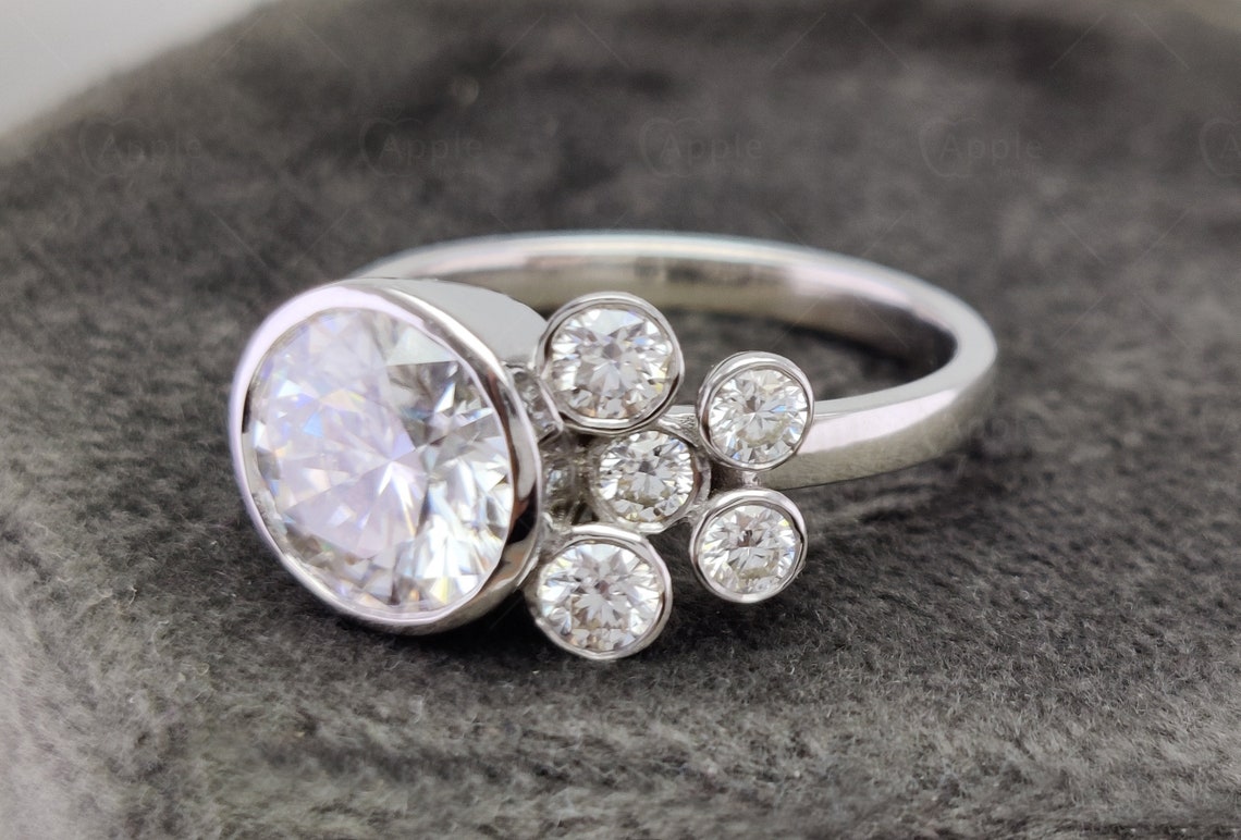 Scattered Moissanite Ring, Bezel Set Multi Stone Engagement Ring ...