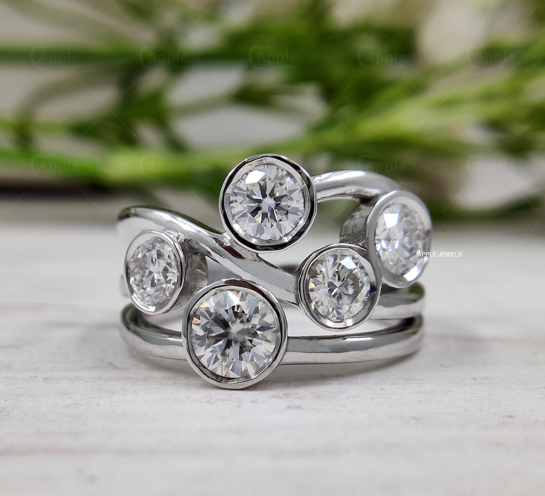 Moissanite Statement Ring, Scatter Bubble Diamond Ring, Multi Stone Cocktail Ring, Bezel Set ...