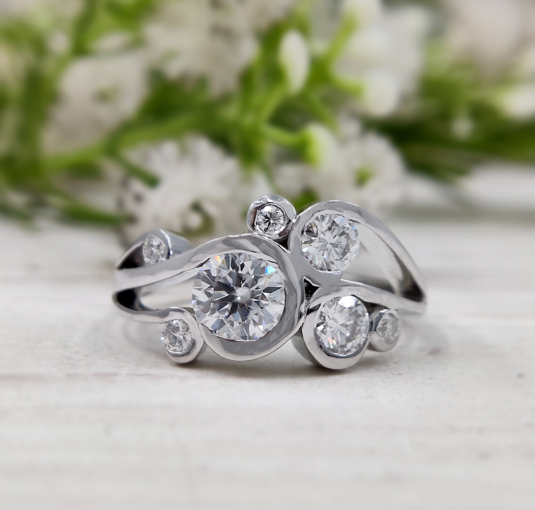 Moissanite Statement Ring, 10K / 14K Gold Scatter Diamond Ring, Unique ...