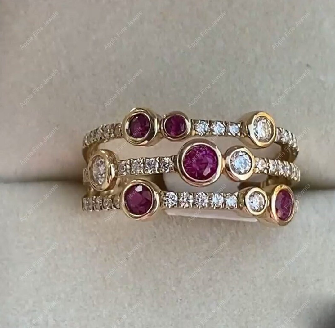 Natural Ruby and Moissanite Scattered Ring, Three Row Bubble Ring, Ruby ...