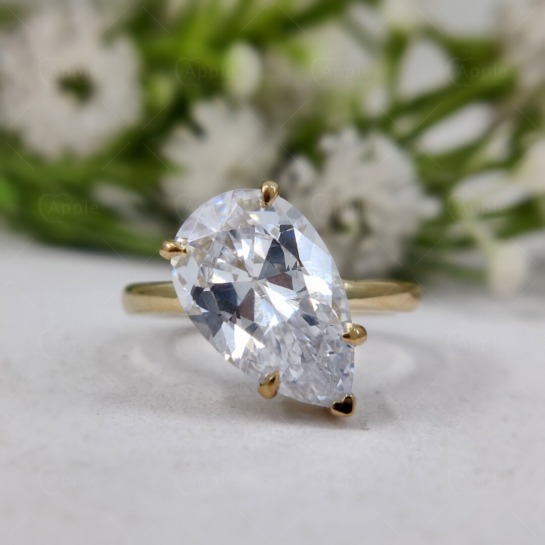 Pear Moissanite Engagement Ring, Tilted Teardrop Solitaire, Sterling ...