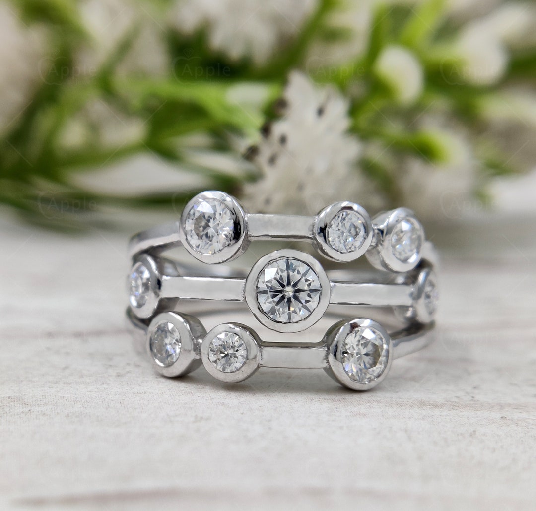 Scattered Moissanite Ring, Rub Over Diamond Ring, 3 Row Multi Stone ...
