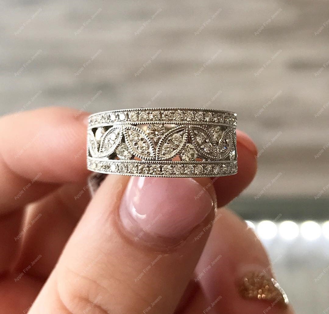 Art Deco Vintage Wedding Band, Vintage Milgrain Anniversary Bands Women ...