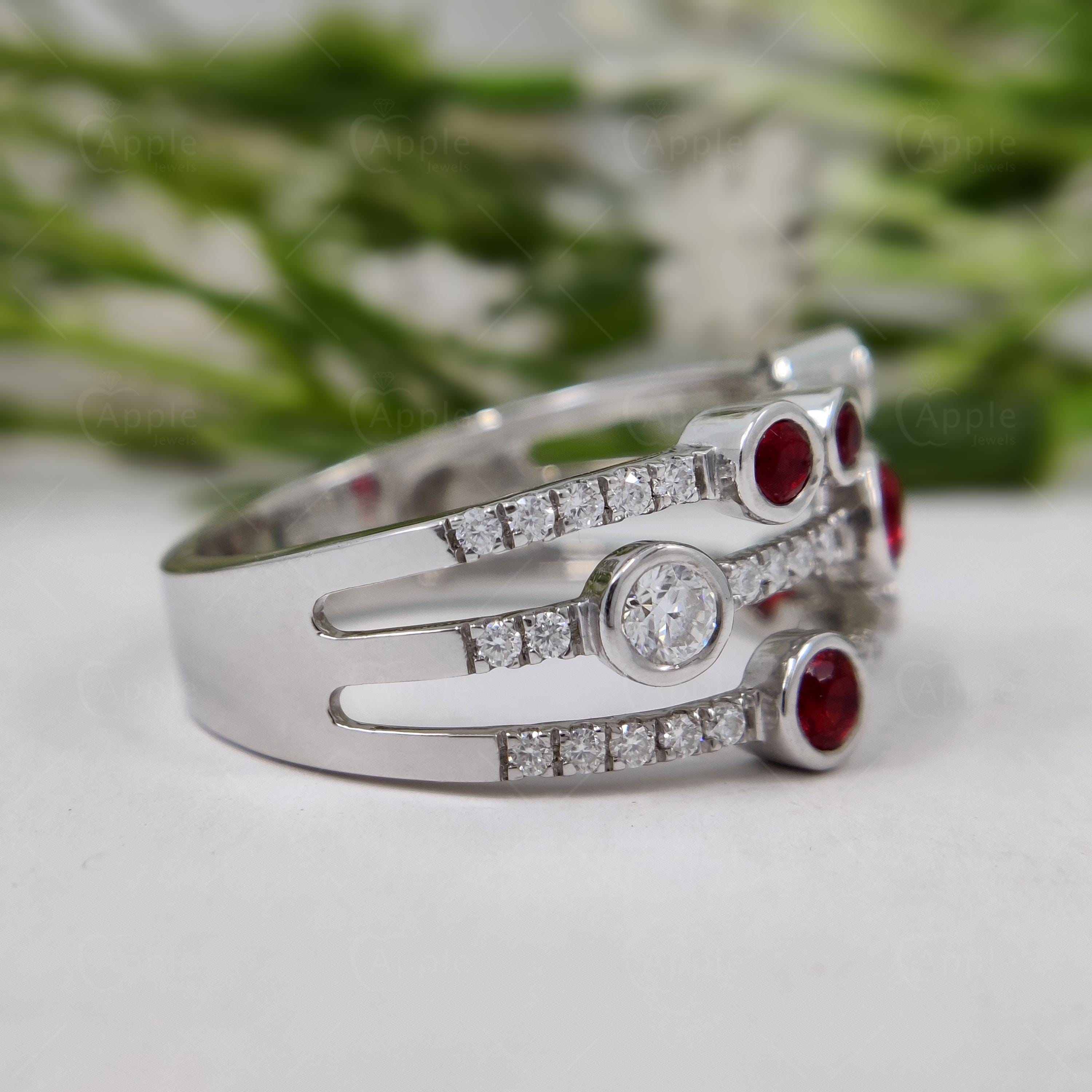 Natural Ruby and Moissanite Scattered Ring, Three Row Bubble Ring, Ruby ...
