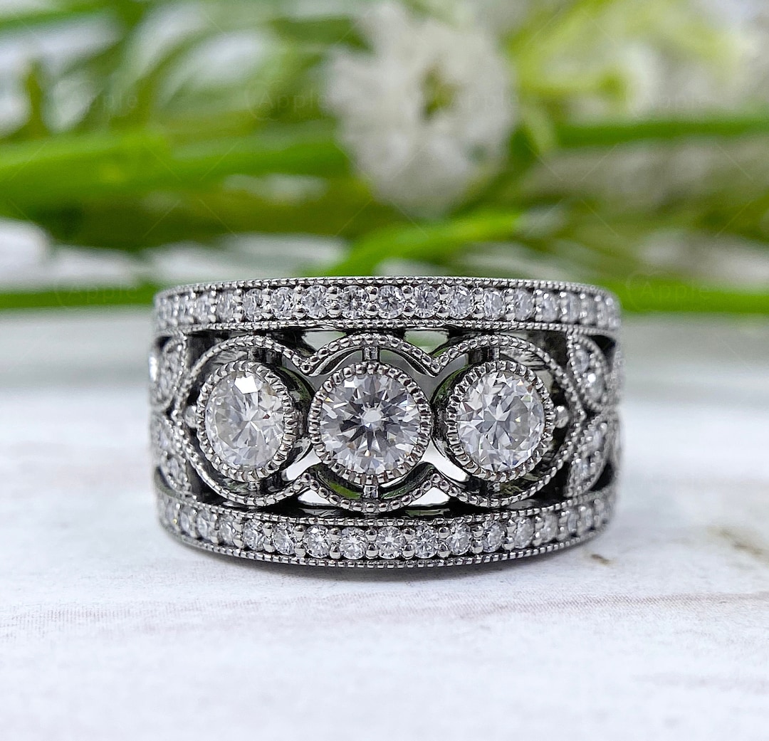 Art Deco Vintage Wedding Bands for Women, Milgrain Wide Anniversary ...