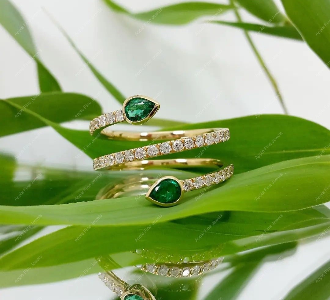 Spiral Diamond Ring, Wrap Around Ring, Two Pear Emerald Open Ring ...