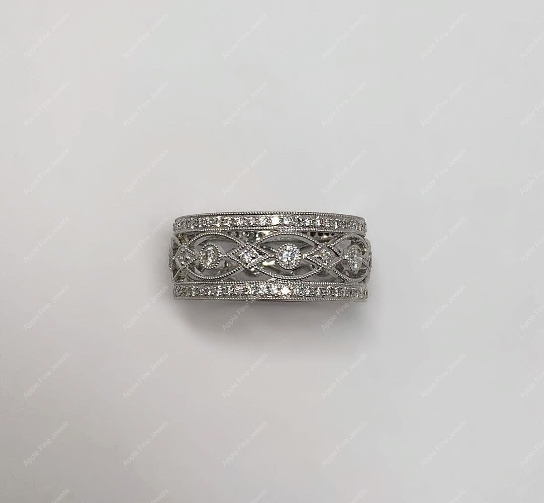925 Silver & White Gold Filigree Wedding Band, Wide Band Rings for ...