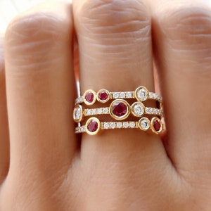 Natural Ruby and Moissanite Scattered Ring, Three Row Bubble Ring, Ruby ...