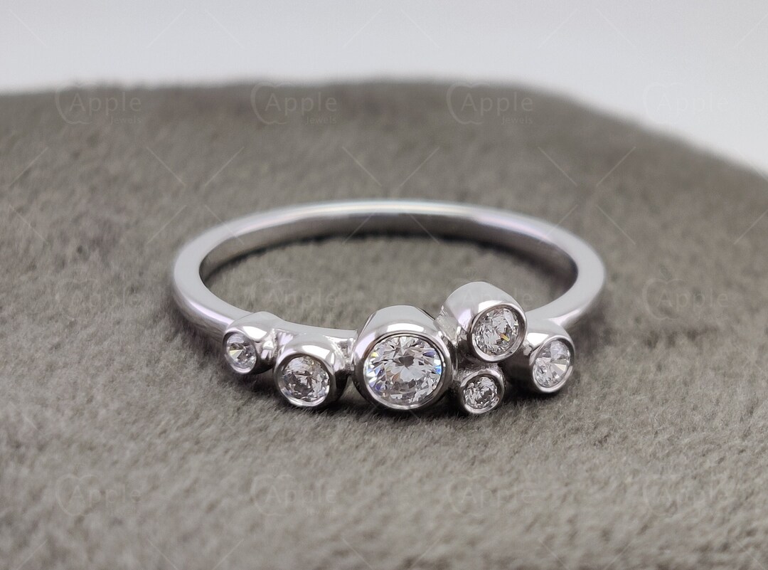 Scattered Diamond Ring, Bezel Set Moissanite Ring, Rub Over Bubble Ring, Waterfall Raindrop Ring ...