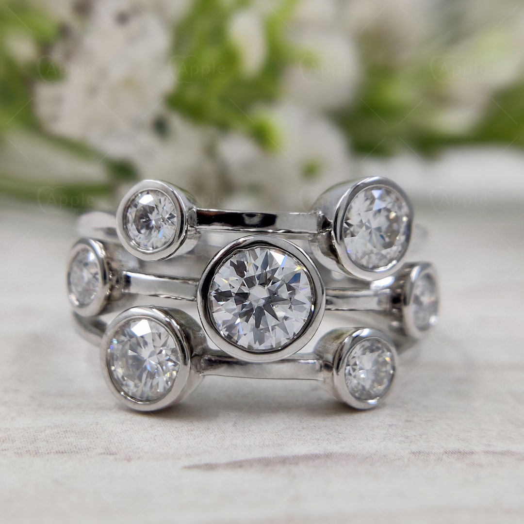 Bezel Set Moissanite Ring, Three Row Sterling Silver Wedding Ring - Etsy