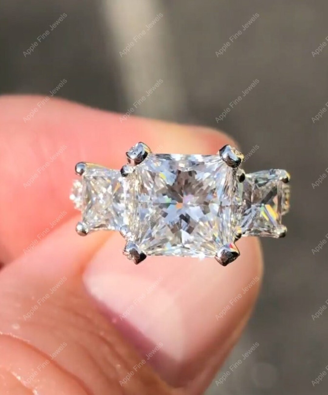 Princess Cut 3 Stone Engagement Ring, Moissanite Vintage Art Deco Ring, Milgrain Ring, Unique ...