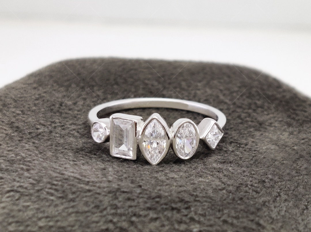 5 Stone Bezel Set Wedding Band, Multi Shape Diamond Ring, Mixed Cut ...