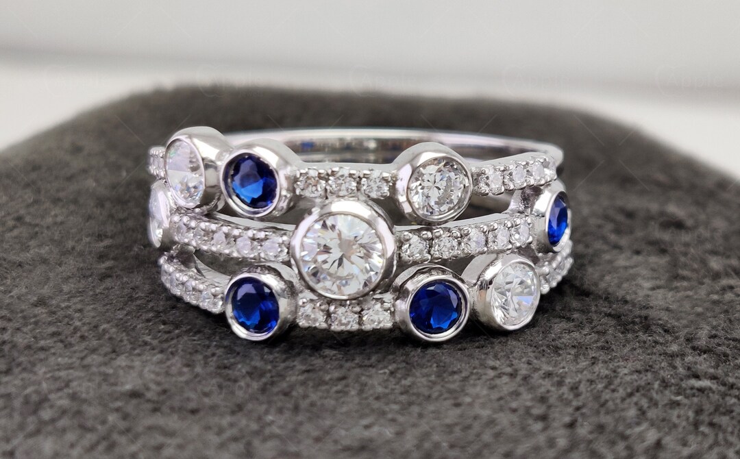 Multi Row CZ Diamond Ring, Vintage Inspired Ring, Sapphire and Diamond ...