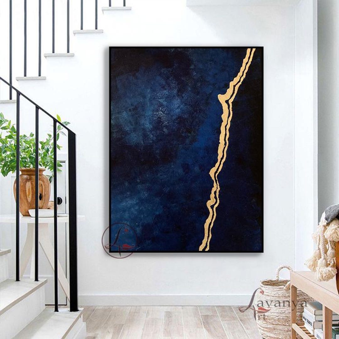 Original Blue and Gold Wall Art | Blue and Gold Square Painting, Canvas ...