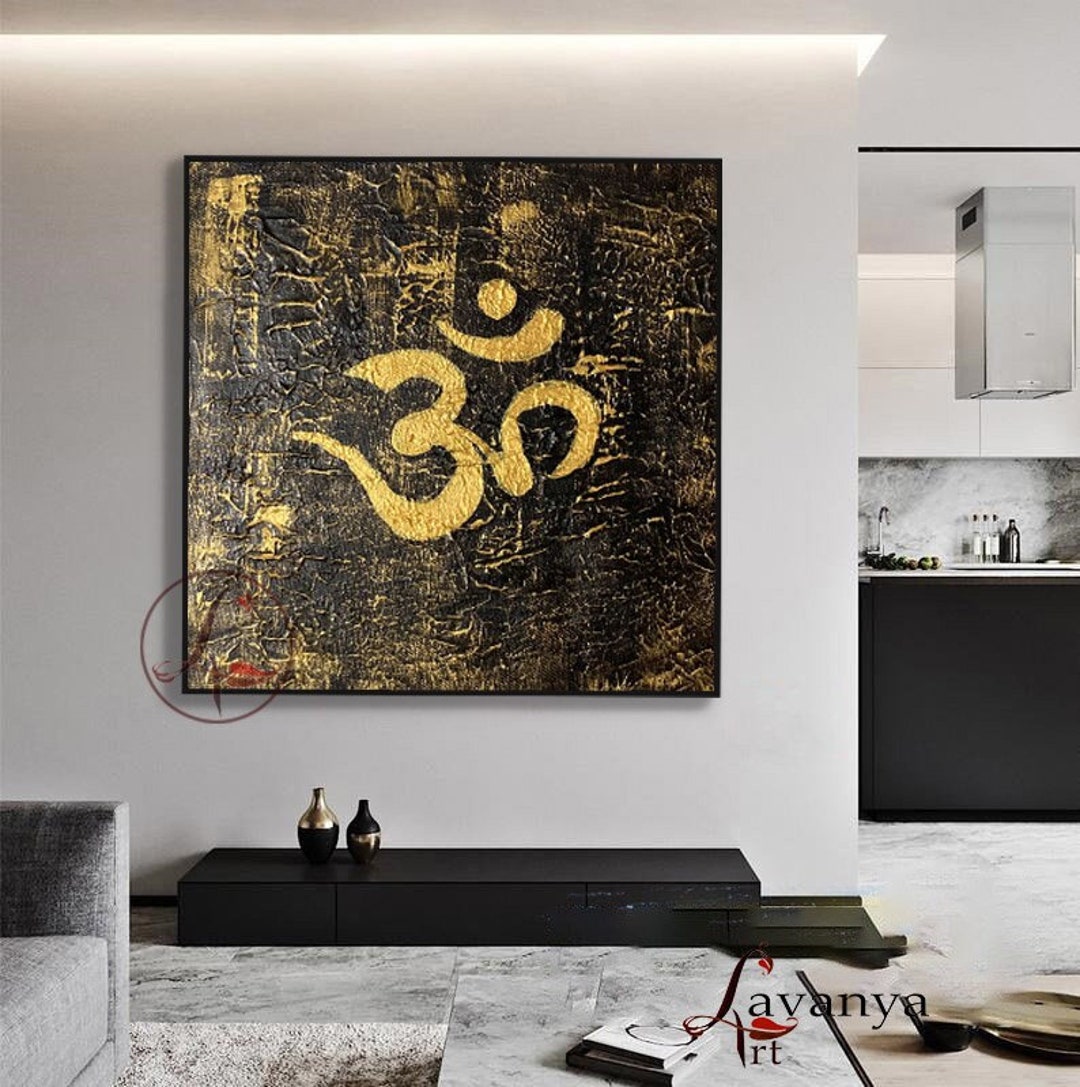 Golden OM Painting Textured Wall Art Indian Wall Art Indian Decor Om ...