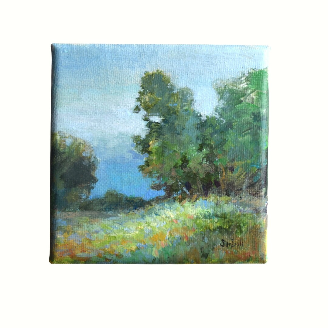 Original Mini Landscape Painting on Canvas 4x4, Small Field of Flowers ...