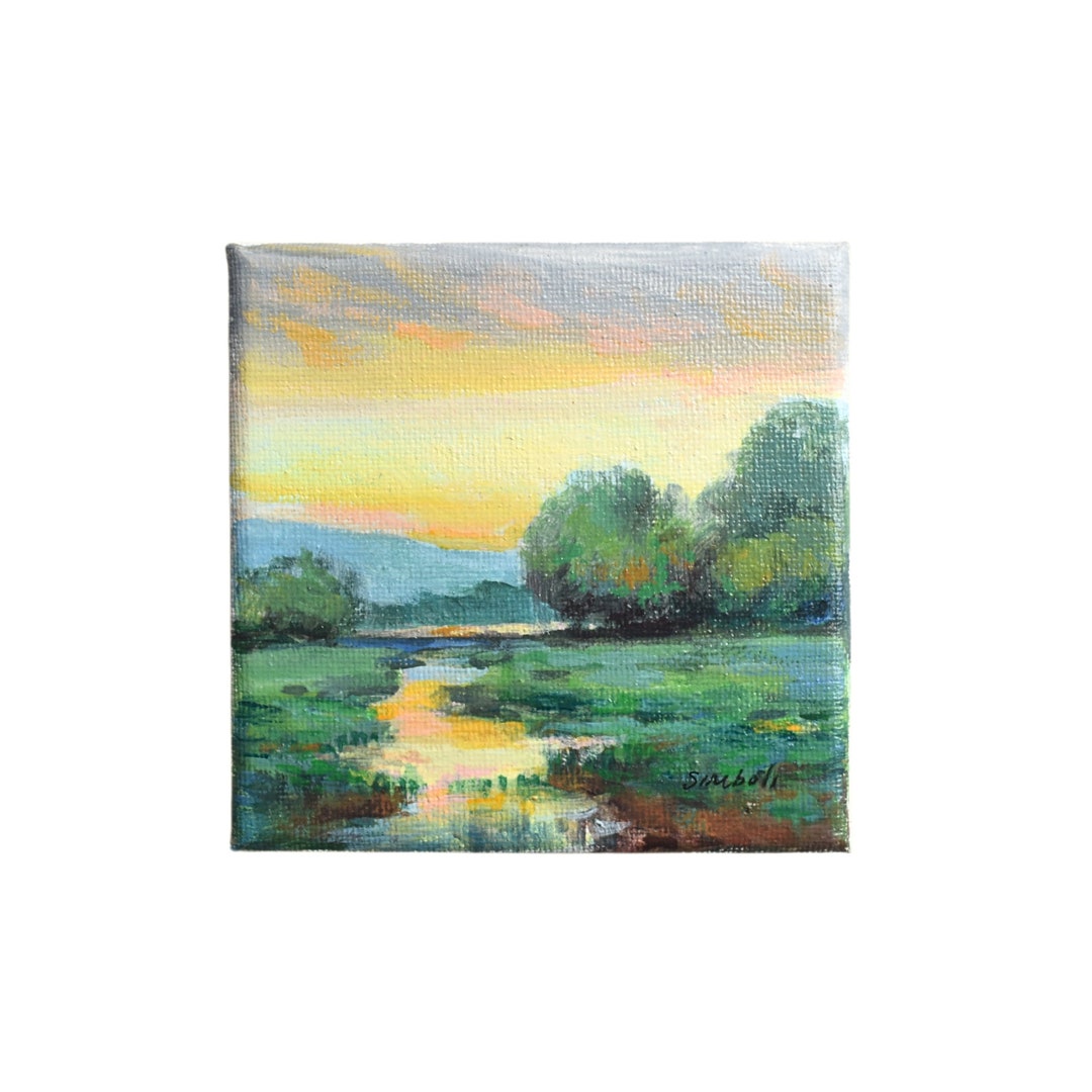 Original Mini Landscape Painting Sunset River Miniature Gift Mini Wall ...