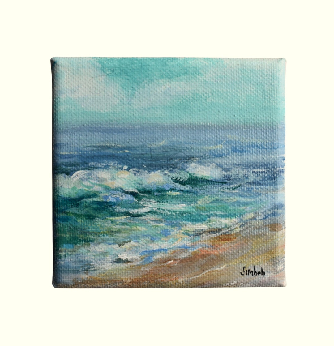 Original Mini Ocean Painting With Waves on Canvas, Original Small Sea ...
