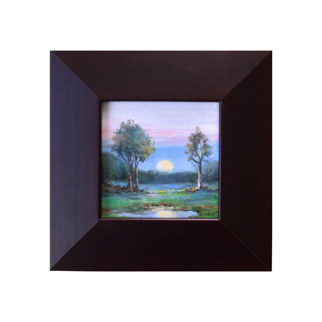 Framed Mini Moon Landscape Painting on Canvas, Original Painting With a ...