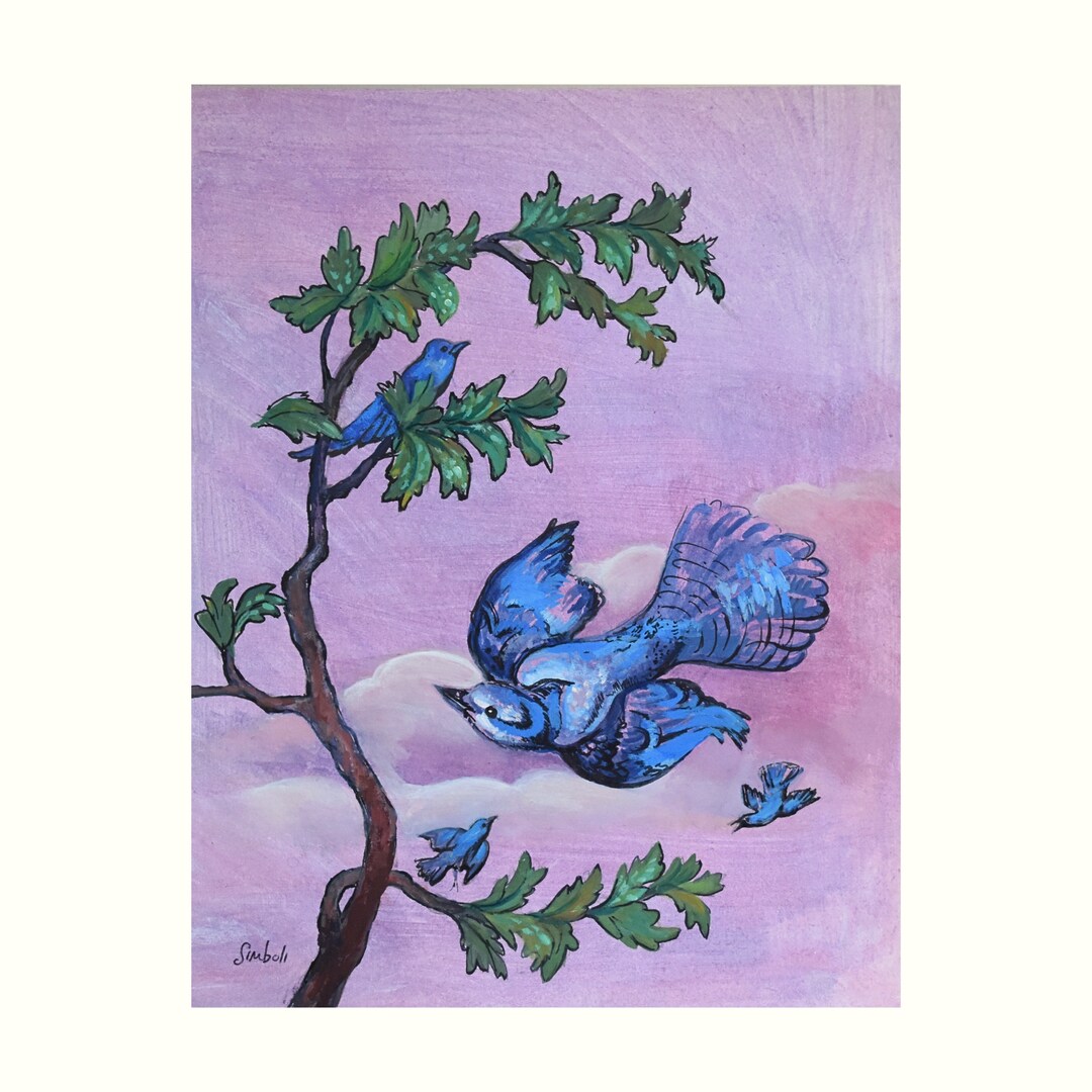 Original Fantasy Blue Bird Painting, Magical Scene, Whimsical Art, Art ...