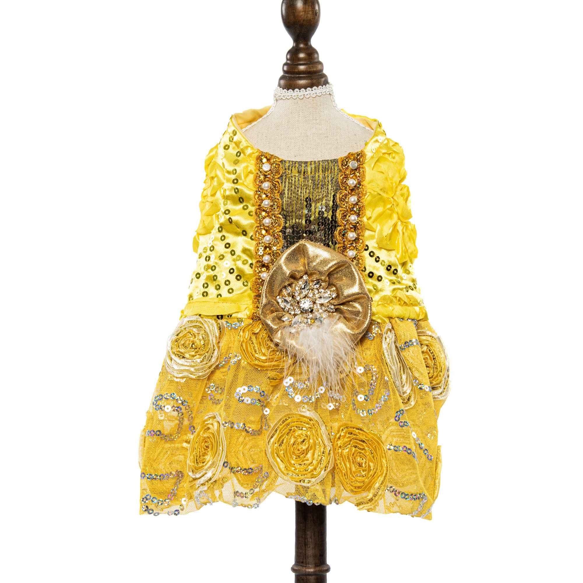 Luxury Yellow Designer Dog Dress With Sequence, Lace Flowers and ...