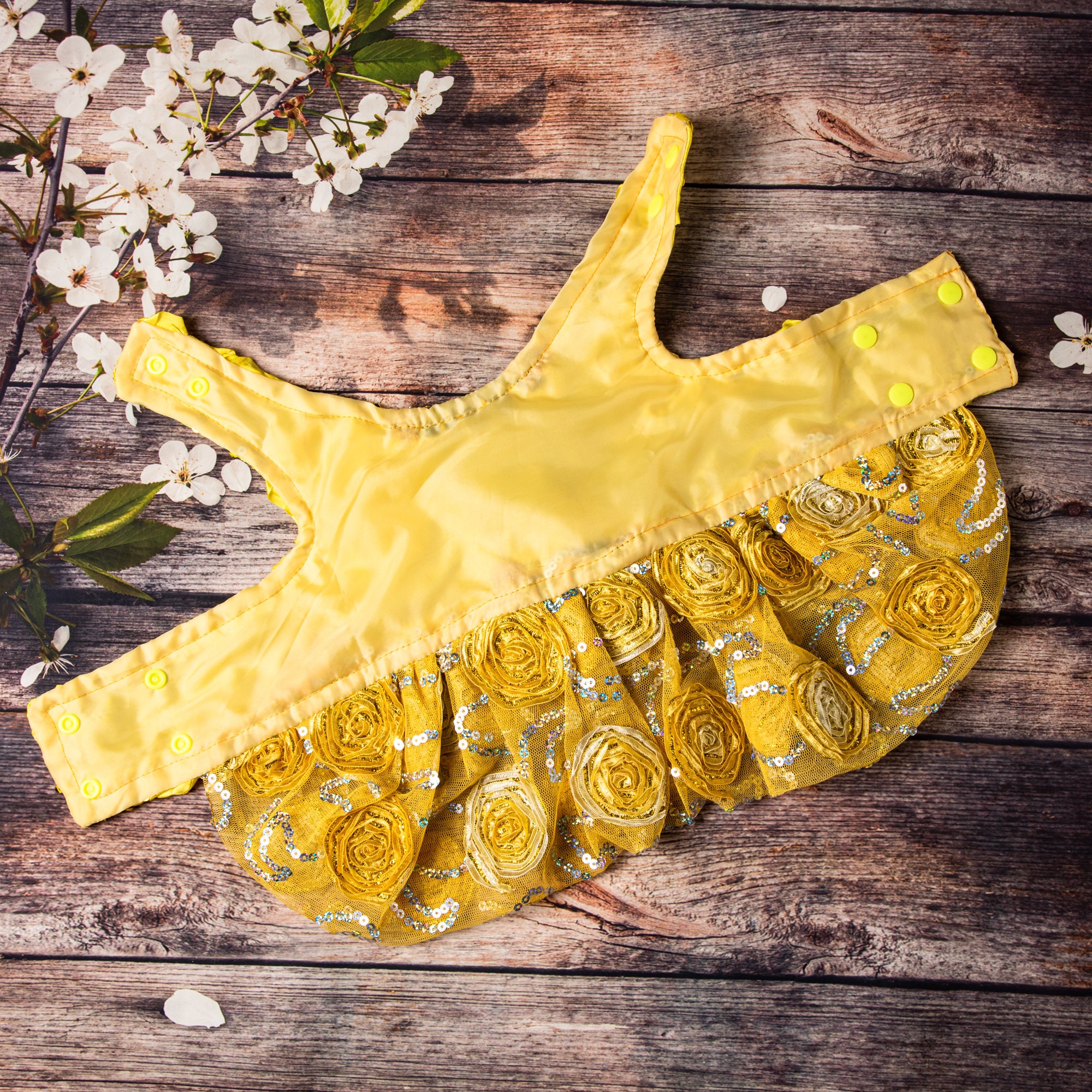 Luxury Yellow Designer Dog Dress With Sequence, Lace Flowers and ...