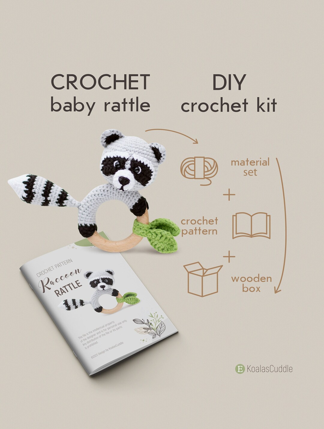 DIY Crochet Rattle Kit, Raccoon Rattle Crochet Pattern, Handmade Gift ...