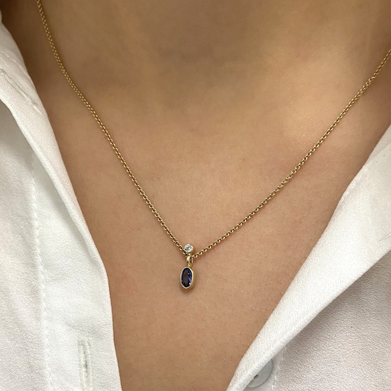 Fine 585 Gold Chain 750 Yellow Gold Sapphire Diamond Minimal Necklace Gift Wedding Etsy