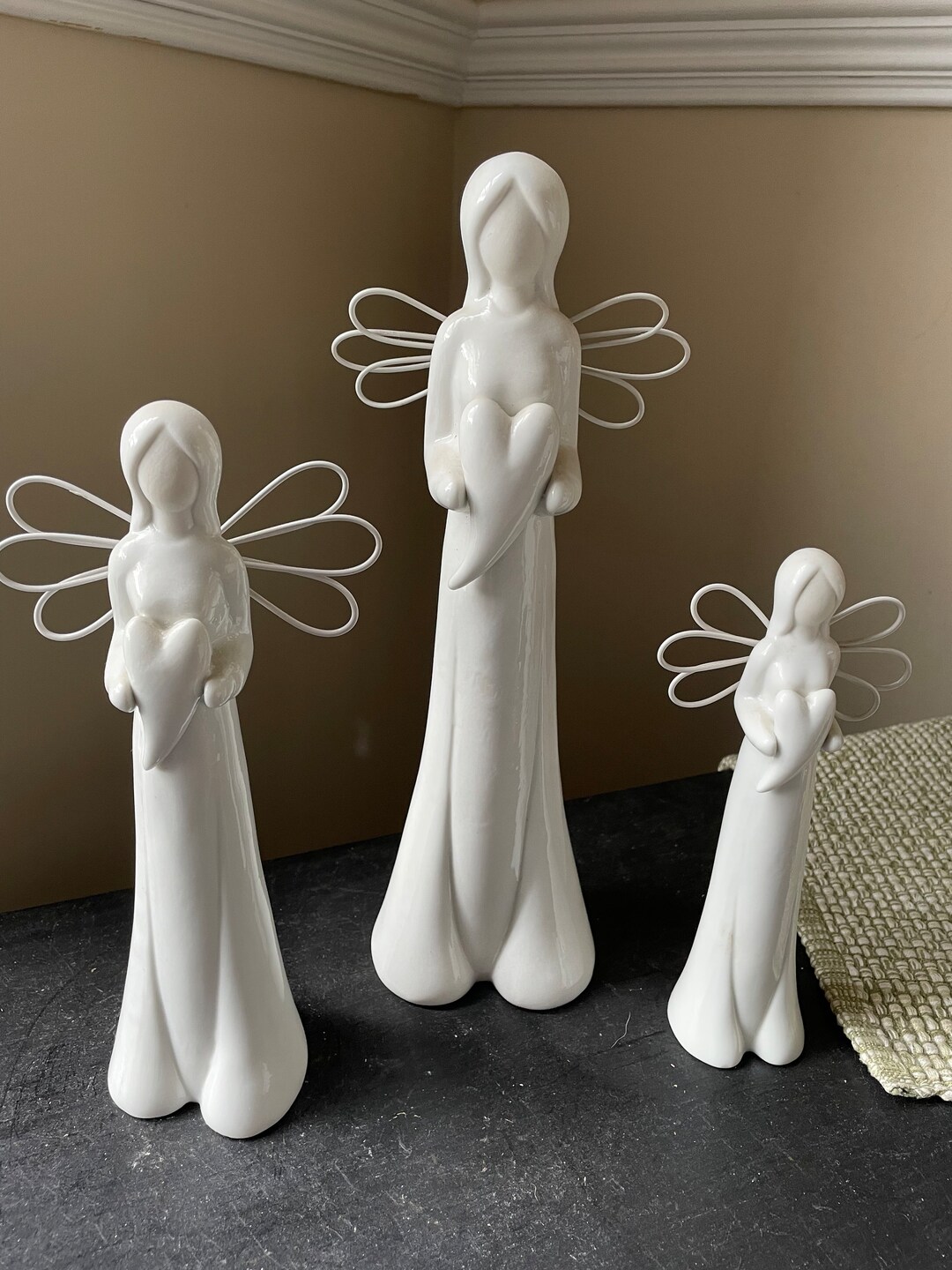 Set of 3 White Angel Figurines With Wire Wings and Hearts - Etsy