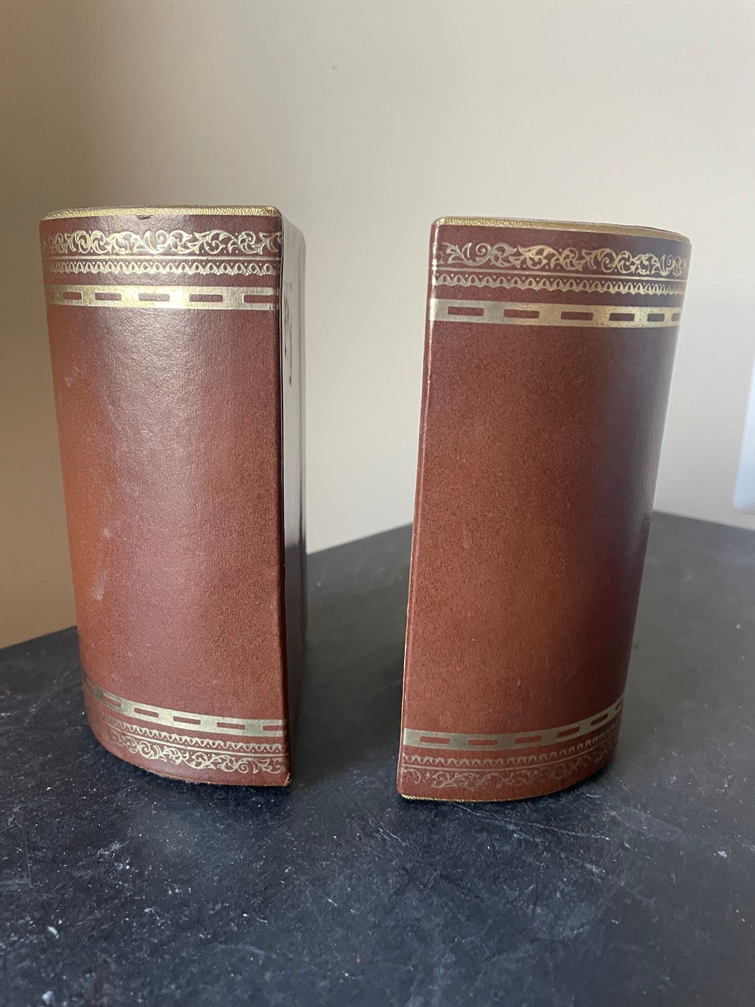 Set of Faux Brown Leather Half Round Bookends With Gold Accents - Etsy