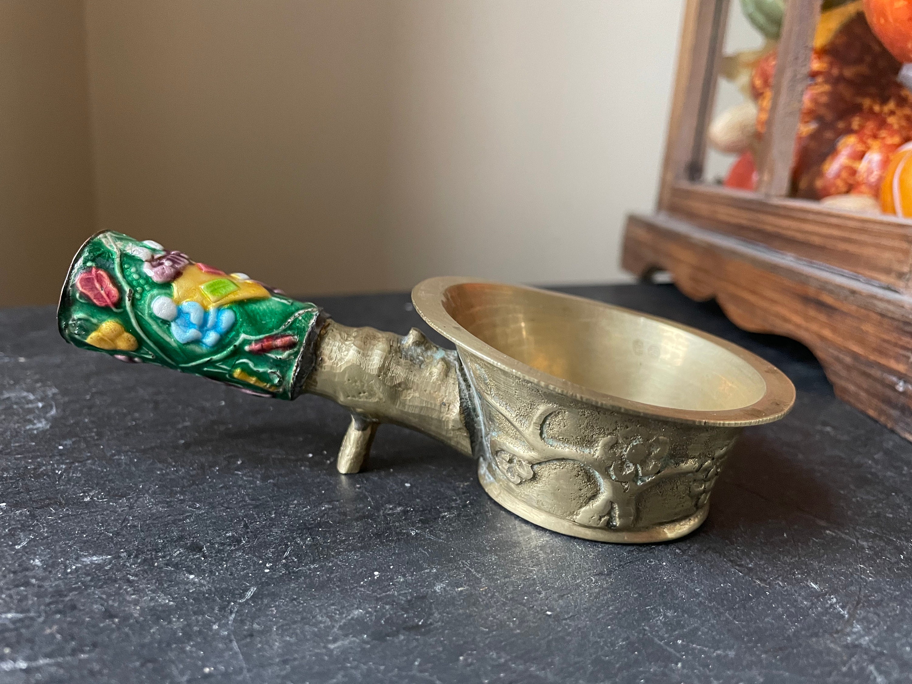 Antique Chinese Form Cast Brass and Enamel Scoop Rice Incense Tea or ...