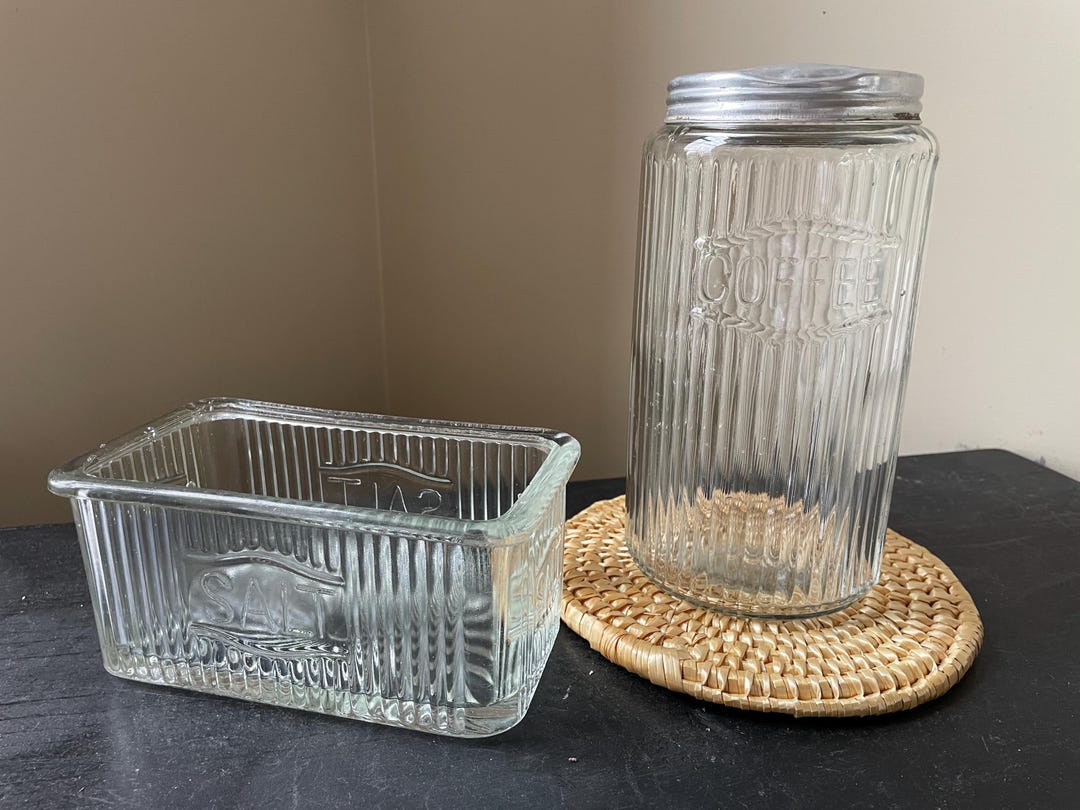 Set of Hoosier Ribbed Glass Coffee Cannister and Salt Cellar Box - Etsy