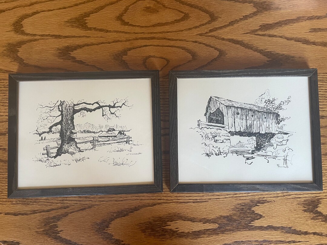 Set of Framed Country Drawings Signed by Artists Greenawalt and ...