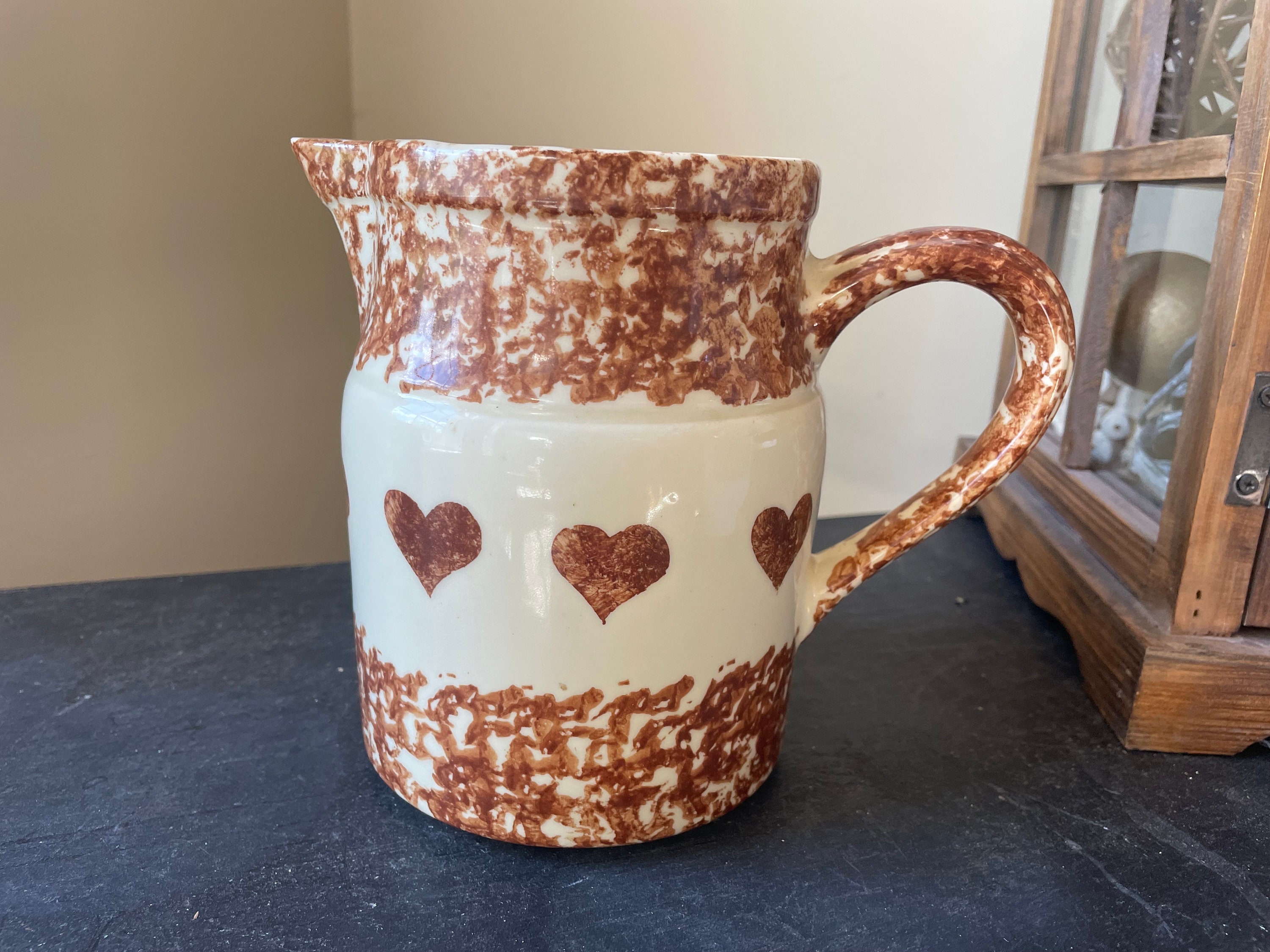 Classic Roseville Heart Spongeware Pitcher Brown and White - Etsy