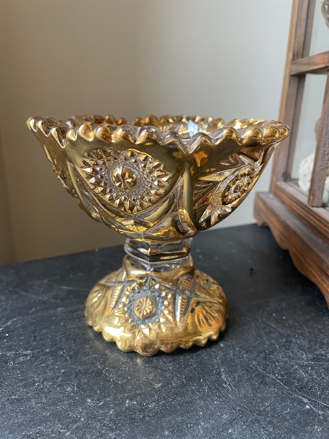Imperial Glass Compote Candy Dish Gold Accented Pressed Glass Circa ...