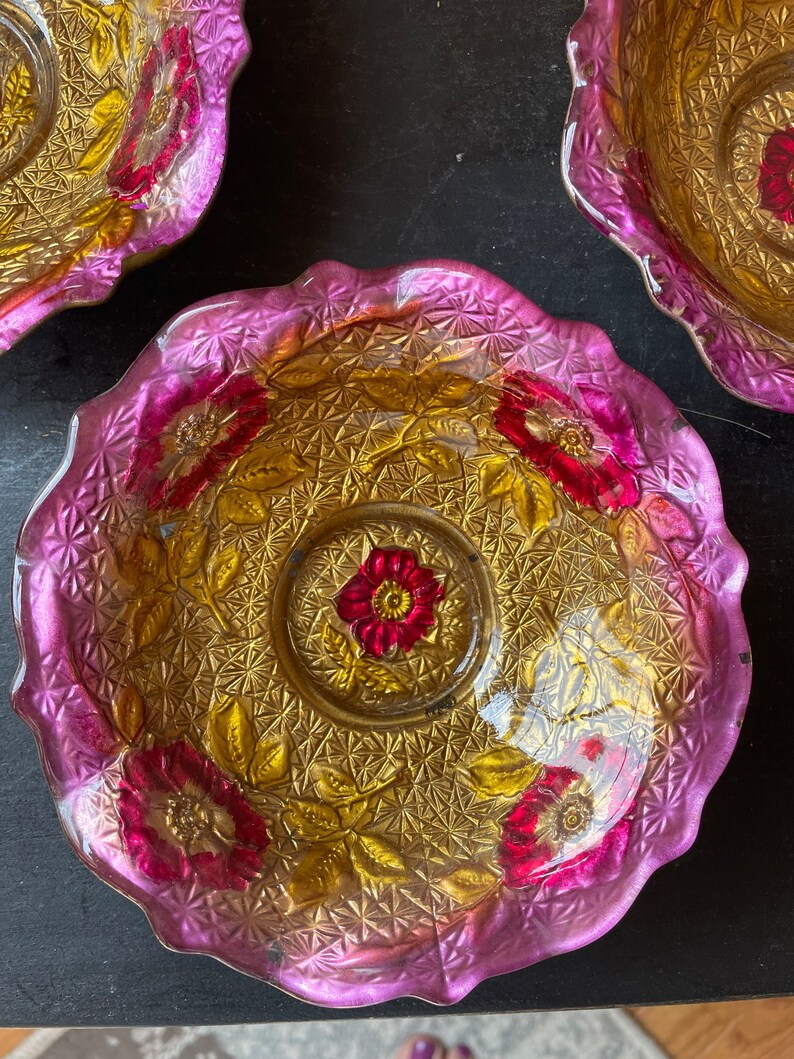 Set of 4 Pink and Gold Goofus Glass Bowls Reverse Painted - Etsy