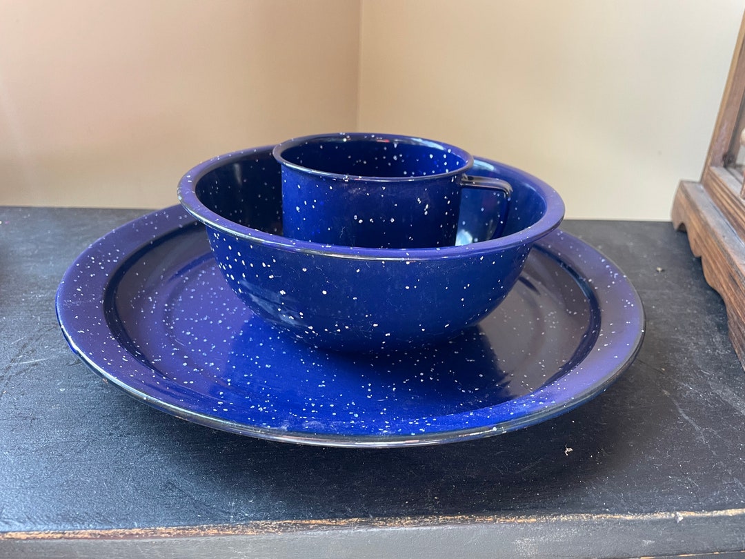 Vintage Blue Speckled Enamelware Dish Set Plate Bowl and Cup Camping ...