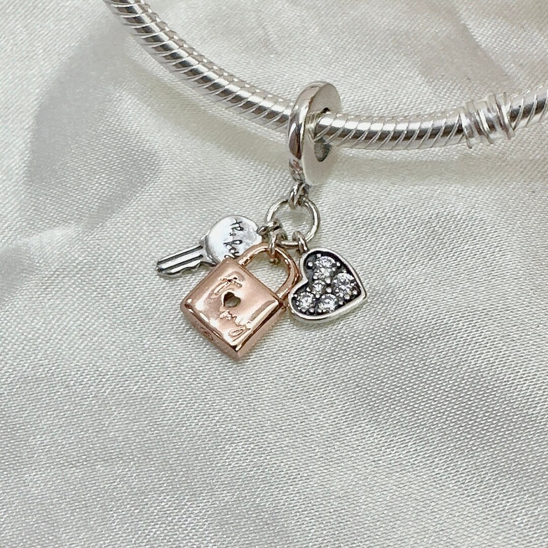 Two-tone Key, Padlock & Heart Triple Dangle Charm, Charms for Bracelet ...
