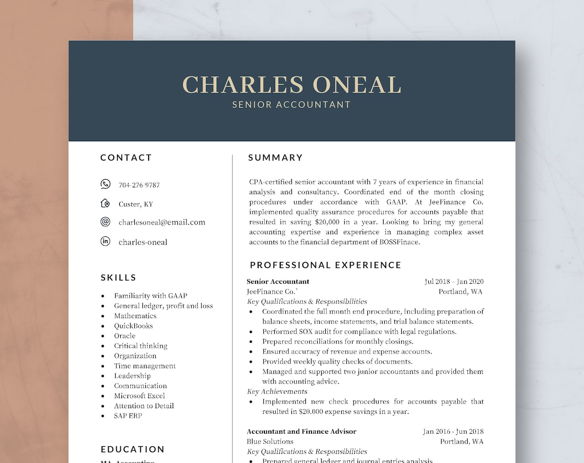 Modern Executive Resume Template Word & Mac Pages Accountant - Etsy