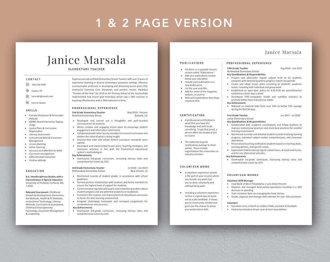 Teacher Resume Template for Word & Mac Pages, Modern Resume, CV ...