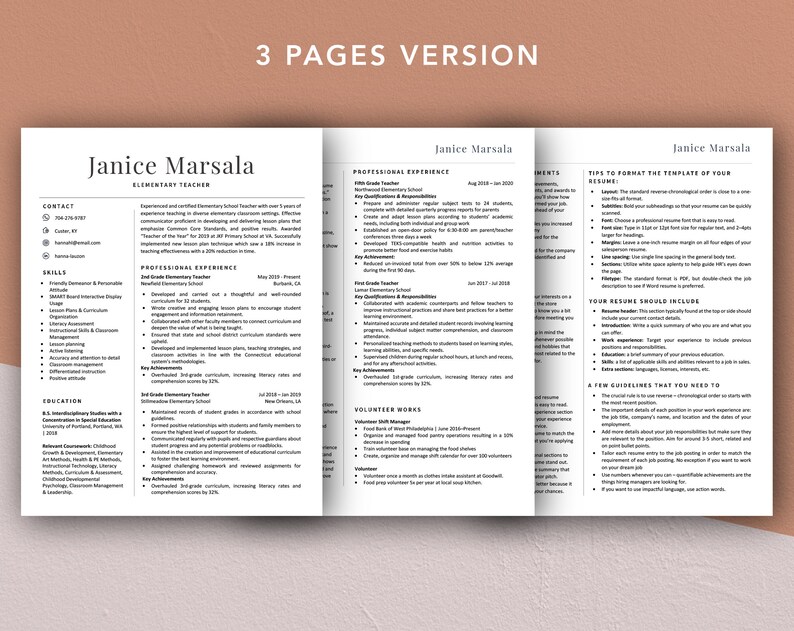 Teacher Resume Template for Word & Mac Pages, Modern Resume, CV ...