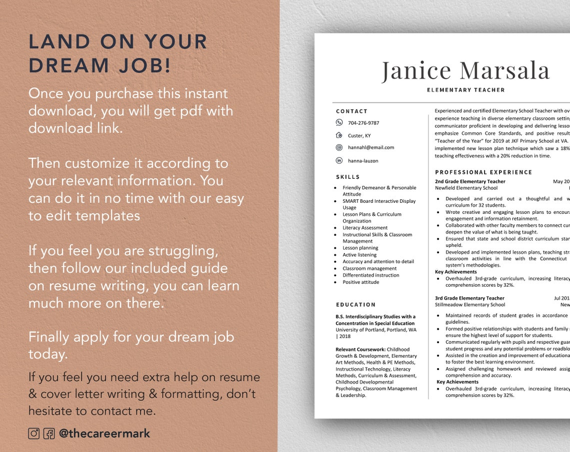 Teacher Resume Template for Word & Mac Pages, Modern Resume, CV ...